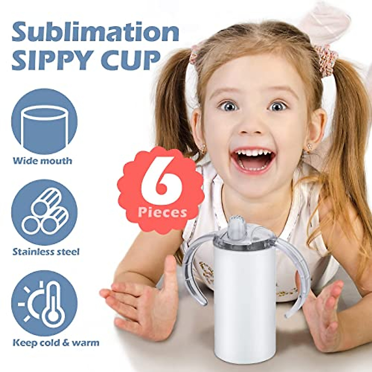Vesici Sublimation Blanks Sippy Cups, 12 oz Sublimation Straight Sippy Tumblers, Toddler Insulated Stainless Steel Travel Mug Water Bottle with Handles for Kids and Children(6 Pieces)