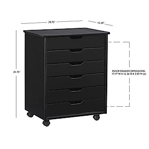 Linon Rolling Storage Corinne Cart, Six Wide Drawers, Black Wide