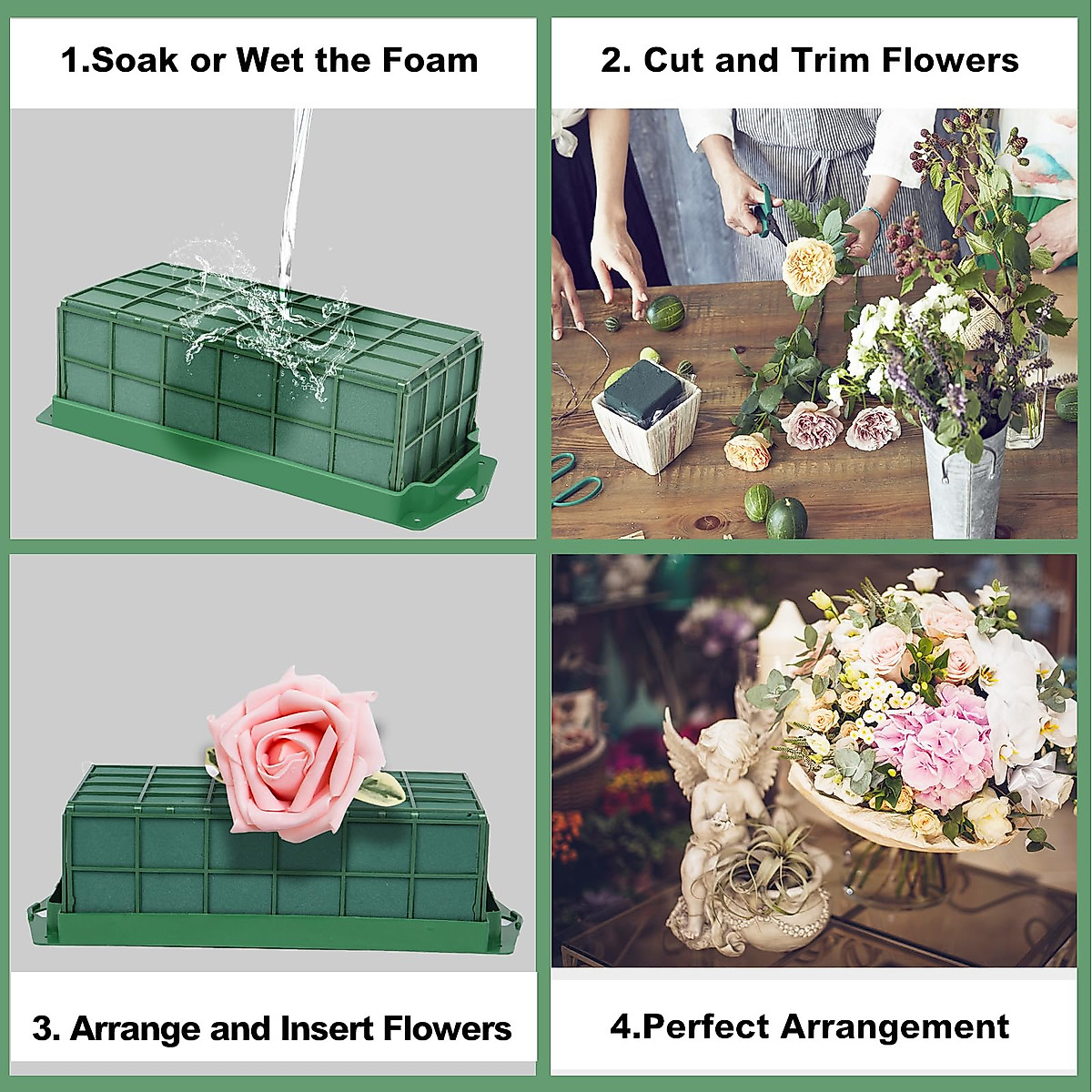 YOMUME Floral Foam Cage 2 Pieces, Flower Cage Holder with Floral Foam for Fresh Flower Arrangement and Artificial Flowers, Dry Floral Foam Blocks for Wedding, Green Florist Foam