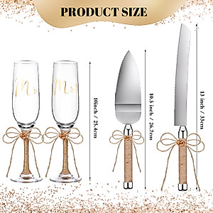 4 Piece Wedding Toasting Flutes and Cake Server Set Wedding Reception Supplies Champagne Glasses Cake Knife Pie Server (Burlap Bow)
