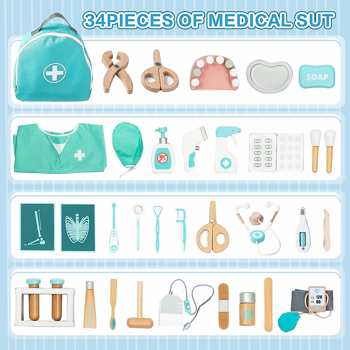 umu Doctor Kit for Kids, Pretend Toy 36 PCS Wooden Doctor Playset for Toddlers, Montessori Toys Dentist Kit for 3, 4 and 5 Year Old Boys and Girls