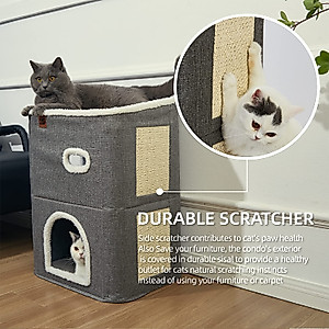 CATBOAT 2-Storey Cat House for Indoor Cats Bed, Covered Cat Beds & Furniture with Scratch Pad and Hideaway Cave, Cute Modern Cat Condo for Multi Small Pet Large Kitten Kitty, Grey