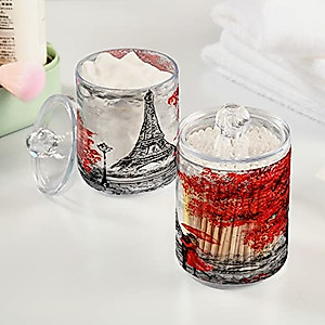 MCHIVER Valentine's Day Lovers Paris Bathroom Canisters Organizer 2 Pack Clear Plastic Jars with Lids 10 Oz Vanity Organizer for Cotton Swab Round Pads Ball Floss