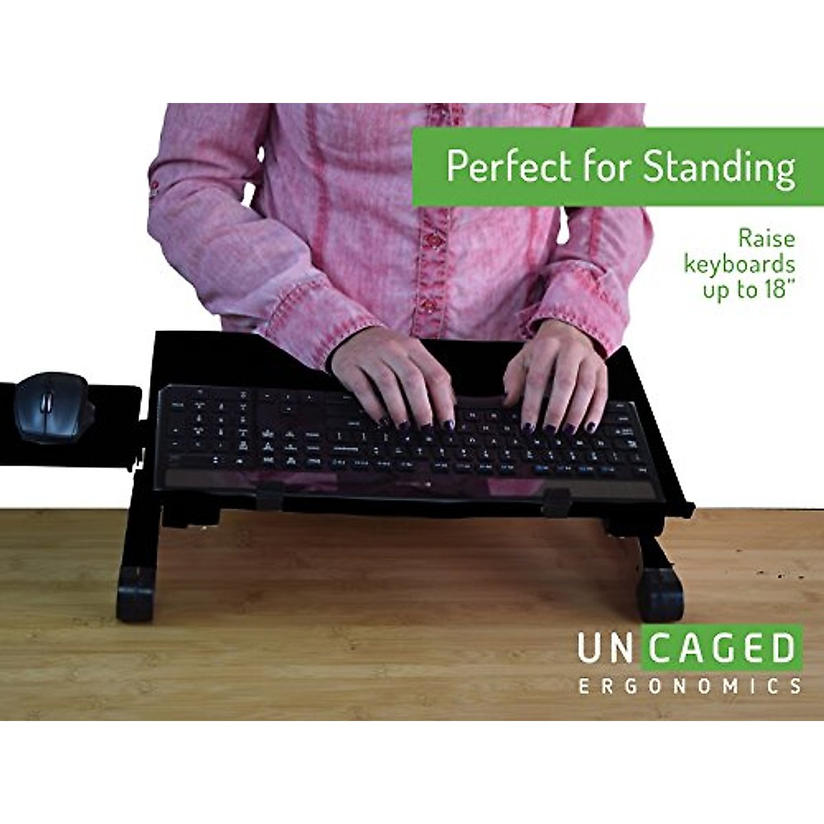 WorkEZ Keyboard and Mouse Tray ergonomic on-desk riser stand adjustable height angle negative tilt Raise computer keyboards to Standing Height sit stand-up standing accessories lift black