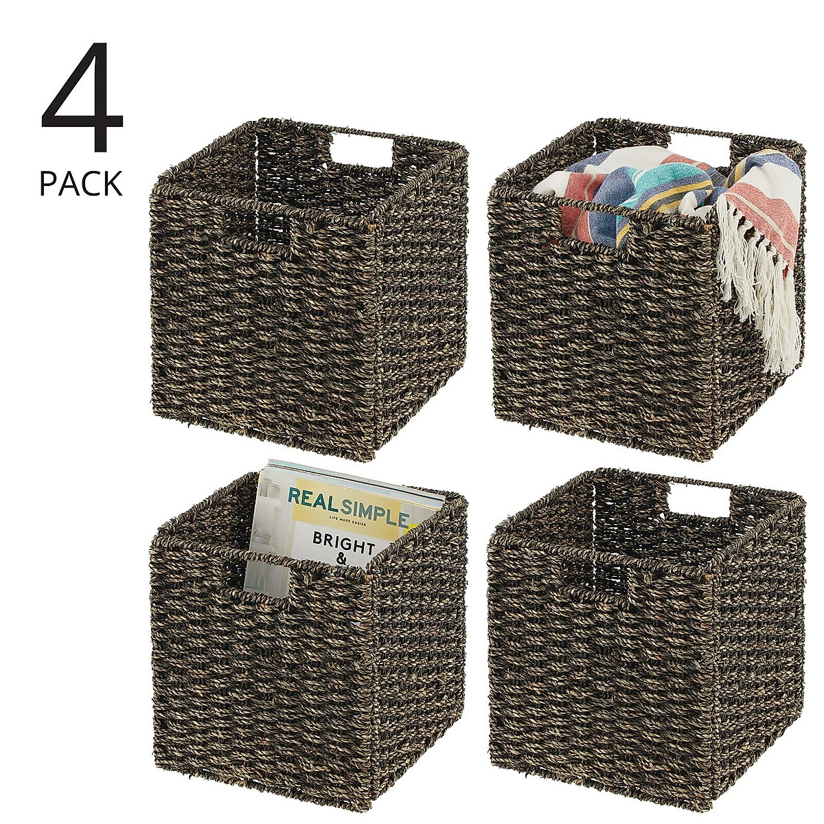 mDesign Seagrass Woven Cube Basket Organizer with Handles - Storage for Bedroom, Office, Living Room, Bathroom, Perfect for Cubby Storage Units - Hold Blankets, Magazines, Books - 4 Pack - Black Wash
