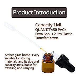 Eassen 50pcs 1ml Amber Mini Glass Dropper Bottles, Small Amber Sample Bottle with Glass Eye Dropper for Essential Oils Sample Traveling