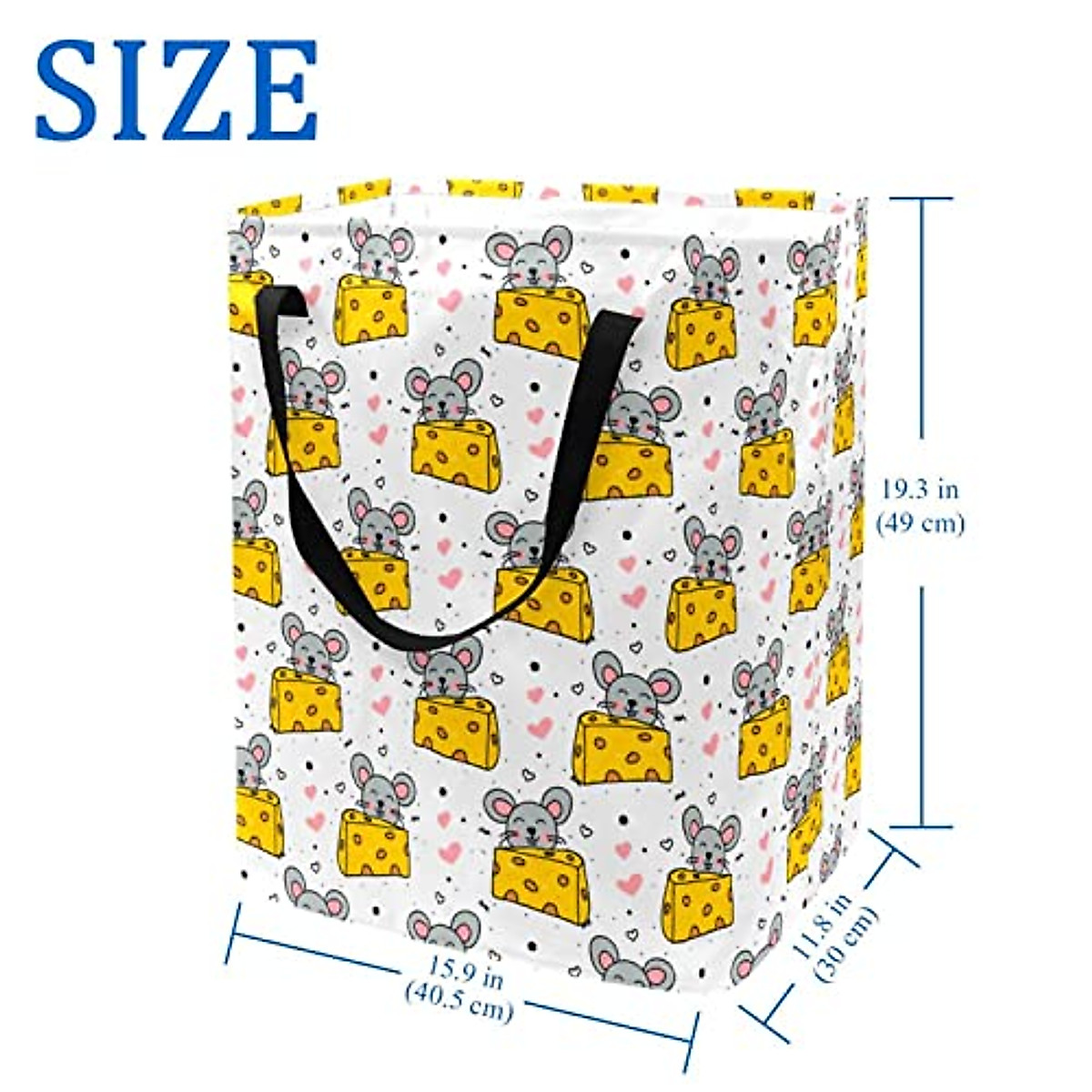 Laundry Baskets with Handles Foldable Doodle Mouse and Cheese Print Storage Hamper for Adult Kids Teen Bedrooms Bathroom Dirty Clothes Sorter