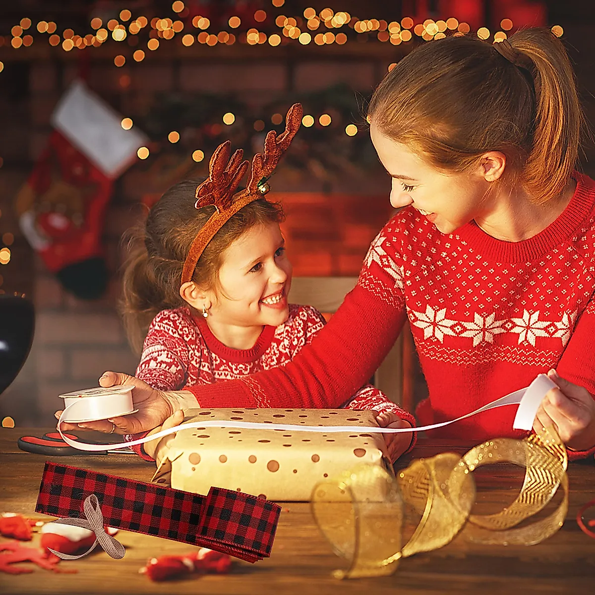 6 Rolls 54 Yards Christmas Wrapping Ribbon Buffalo Plaid Festival Ribbon Wired Holiday Garland Ribbons for Gift Wrapping Decoration Floral Bows Craft