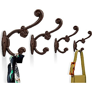 Decorative Rustic Wall Hooks – Shabby Chic Set of 4 Wall Mounted Hooks for Coats, Bags, Towels and More – Vintage Hooks for Farmhouse Décor - Sturdy, Cast Iron Hooks in Rustic Brown Color