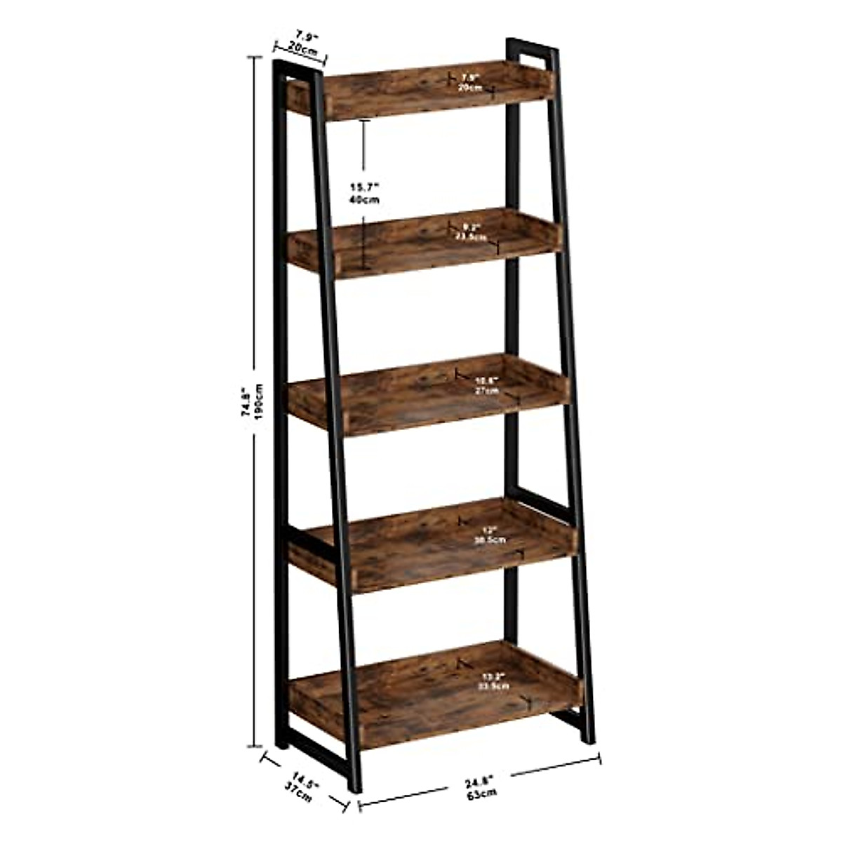 IRONCK Industrial Bookshelf 5-Tier, Bookcase Ladder Shelf, Storage Shelves Rack Shelf Unit, Accent Furniture Metal Frame, Home Office Furniture for Bathroom, Living Room