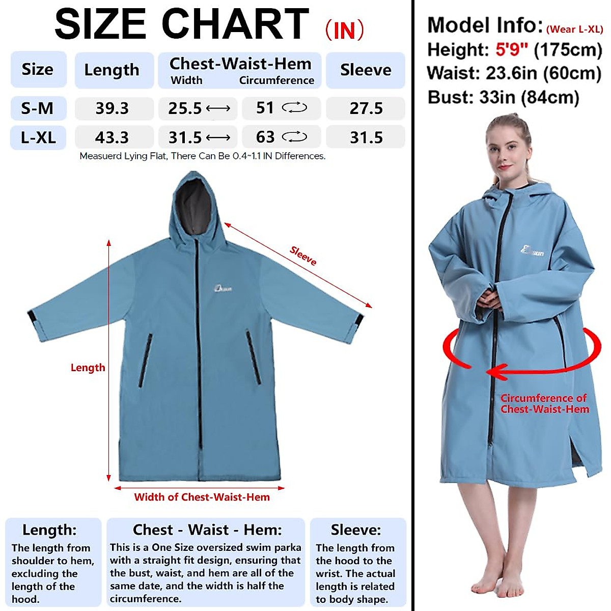 Oksun Oversized Waterproof Swim Parka: Windproof Warm Swimming Coat - Water Resistant Jacket - Thin Fleece Lined Surf Poncho (L-XL, Blue)