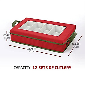 Zober Holiday Dinnerware Storage Box With Dividers, Flatware Container Comes With Two Handles And Clear PVC Window For Easy Visibility, Constructed Cutlery Storage Box With Lid For Safe Dishes Storing