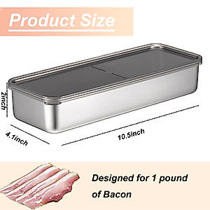 ANMOFLY Bacon Container for Refrigerator,Bacon Keeper 304 Stainless Steel Airtight Deli Meat Storage Containers for Fridge, 1PC Long Kitchen Food Storage Container with Lid and 2PCS Forks