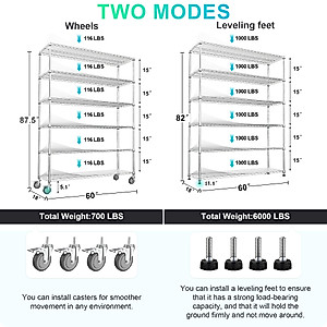 Dolonm 6-Tier Storage Shelves Wire Shelving Unit, 6000 LBS NSF Height Adjustable Shelves Organizer with Wheels, 18"L x 60"W x 87.5"H, Heavy Duty Garage Shelving for Restaurant, Office, Kitchen, Chrome