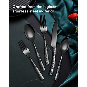 EUIRIO 48-Piece Black Hammered Silverware Set for 8, Stainless Steel Flatware Set with Steak Knives, Mirror Polished Tableware Cutlery Set, Include Forks Spoons and Knives Set, Dishwasher Safe
