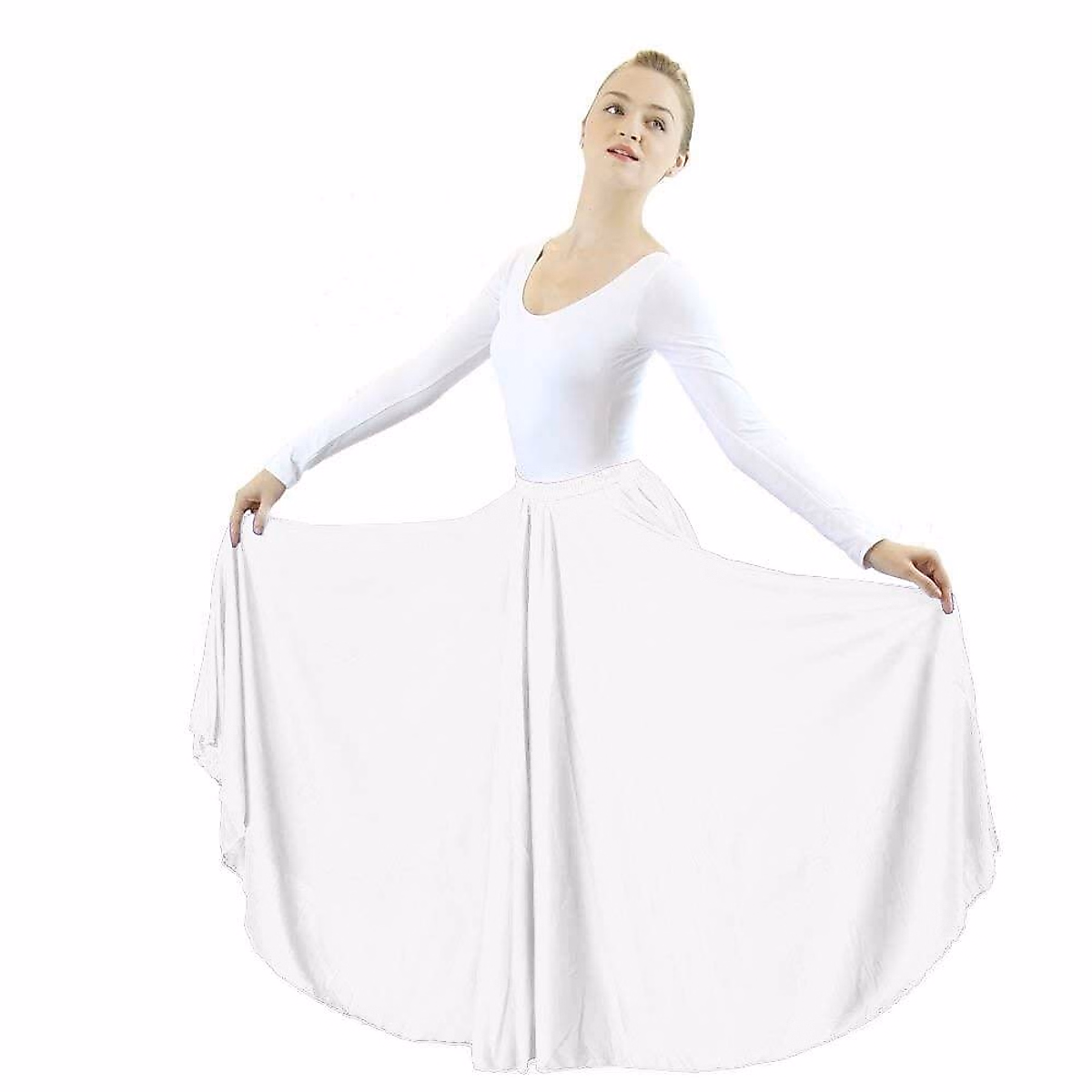 Danzcue Womens Long Full Circle Dance Skirt, White, S-M