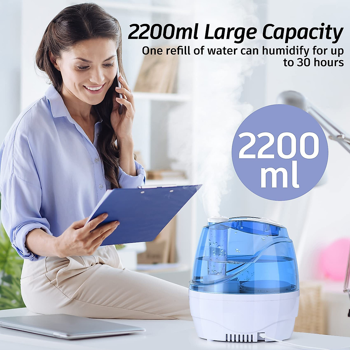 2200ml Humidifiers for Bedroom, Cool Mist Humidifier for Home Nightlight, Adjustable 360°Rotation Nozzle, 30Hrs Run-Time 28dB, BPA-Free Auto-Shut Off Humidifier for Large Room, Easy to Clean (White)