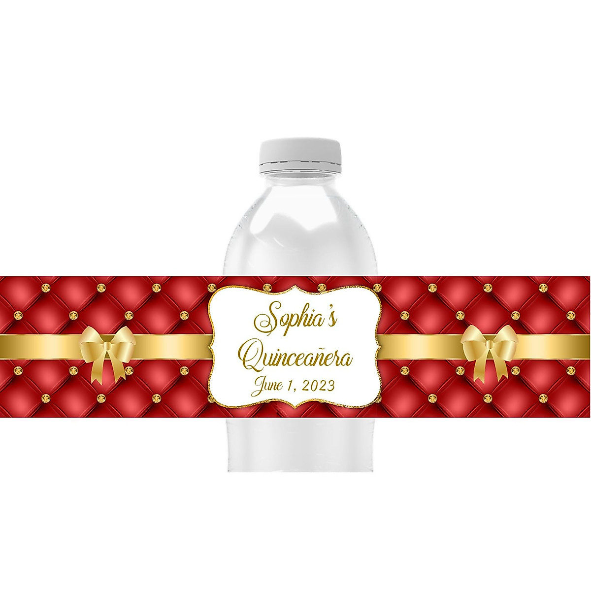 Personalized Water Bottle Labels, Birthday Party Favors, Pack of 25 Peel and Stick Waterproof Wrappers (Red)
