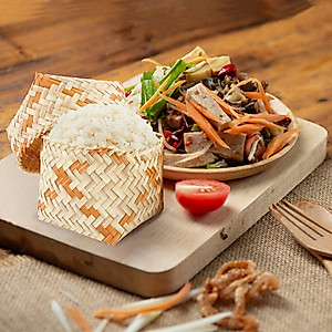 PANWA Mini Bamboo Sticky Rice Serving Basket- Handmade 100% Eco-Friendly Thai Mini Wickerwor Kratips- 4 piece set- Food Safe (Saffron)