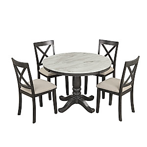 5 Pieces Dining Table Set for 4 Persons, Wooden Dining Table Set with One Faux Marble Dining Table and 4 Upholstered-Seat Chairs Modern Counter Height Dining Table Set for Kitchen Living Room, Gray