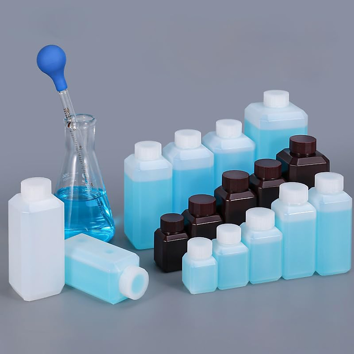 ASEVAT 2oz Plastic Lab Chemical Reagent Bottles, Square Sample Storage Container, Chemical Container Bottle with Inner Ring Cover, Narrow Mouth Sample Sealing Storage Bottles (5 Pcs)