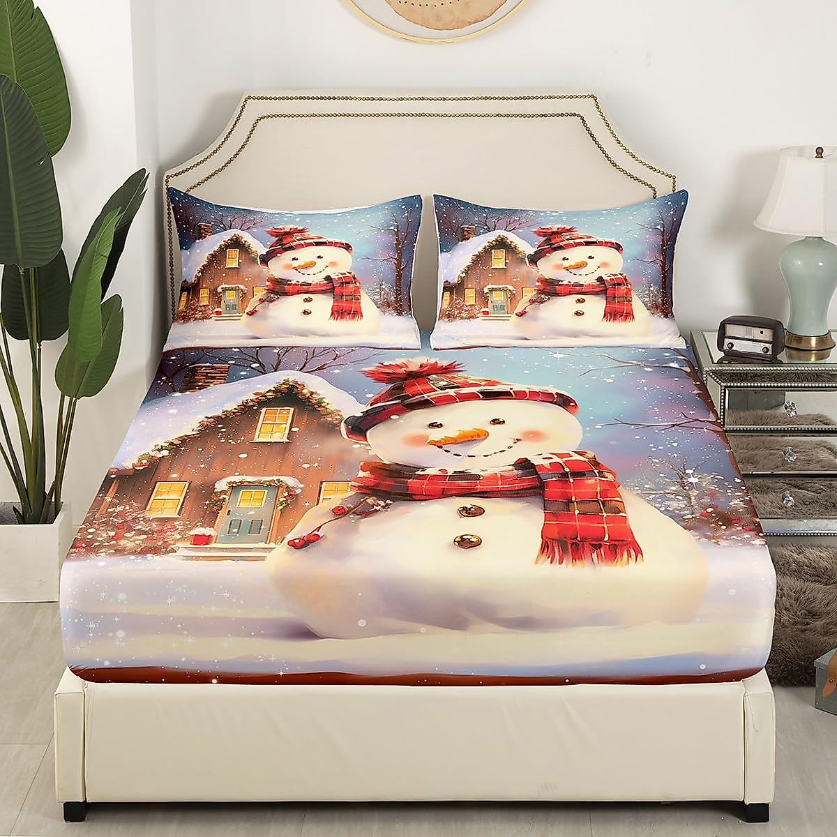 Feelyou Kids Snowman Fitted Sheet Twin Size Merry Christmas Bedding Set for Boys Girls Snowflake Winter Theme Bed Sheet Set Happy New Year Bed Cover Deep Pocket