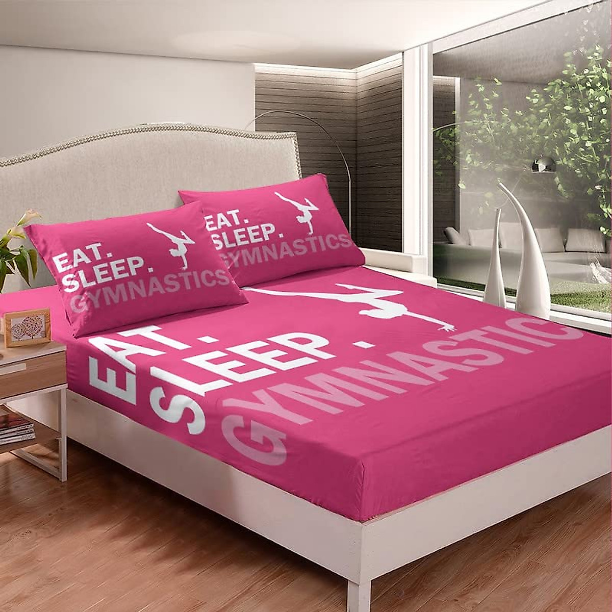 jejeloiu Gymnastics Sheets Set Full Girls Gymnastics Lovers Bed Sheet Set for Kids Women Ultra Soft Sports Bed Sheet Girly Pink Bedding Set Decor Flat Sheet & Deep Pocket Fitted Sheet & Pillowcase