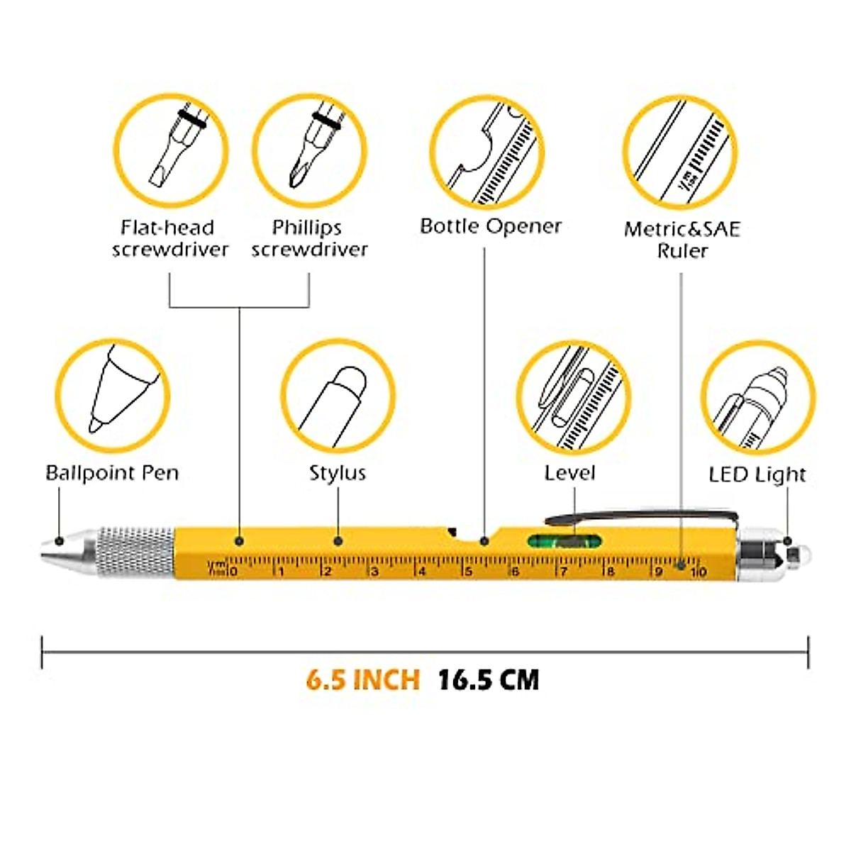 SIMGOAL 9 in 1 Multi-tool Pen-Yellow,Unique Gifts for Dad-Ruler, Level, LED Light, Ballpoint pen, Flat/Phillips Screwdriver, Bottle opener and stylus.