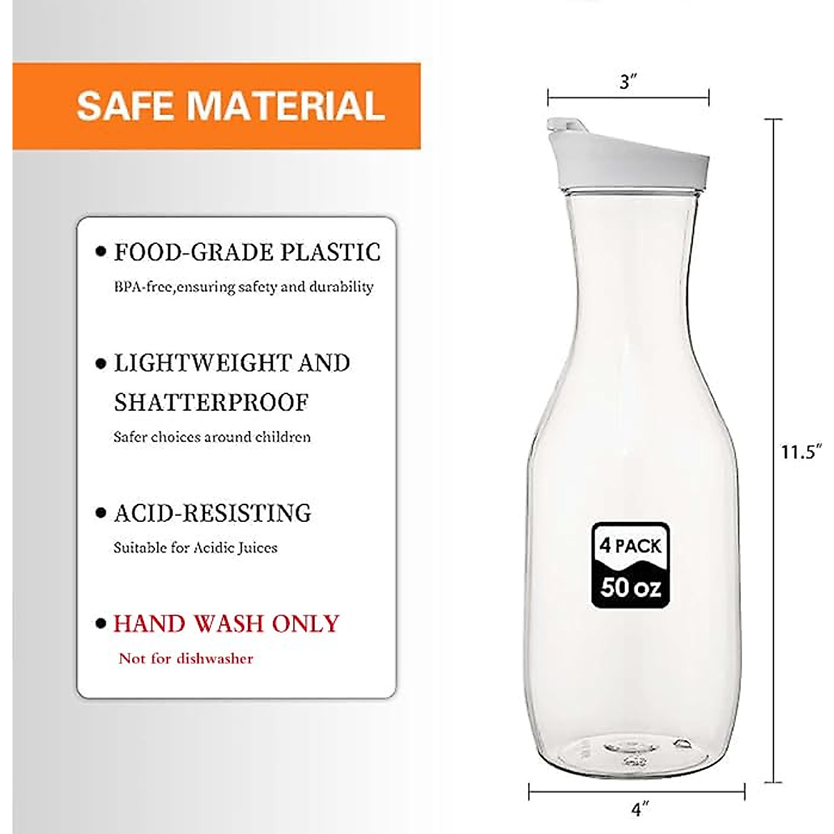 KORDISEN Water Carafe with Lid, 50 Oz Plastic Pitcher for Drinks, Milk, Mimosa Bar Supplies, Iced Tea Pitcher, Juice Containers with Lids for Fridge, BPA-Free, 4 Pack (Clear)