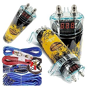 Audiobank 3.5 Farad Capacitor Car Audio 3500 Watts Power 12V Car Digital Power 3 Digit Display and Complete 1500 Watts 8 Gauge Car Amplifier Installation Wiring Kit Blue
