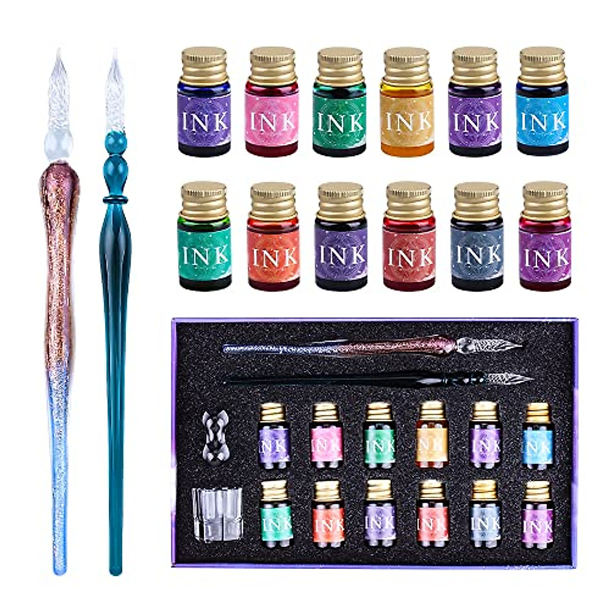 OFUN Glass Pen and Ink Set, Beginners Calligraphy Dip Pens for Art Drawing, Gift Card Writing, Rainbow Crystal Kit with 2 Pcs Pens, 12 Gold Powder Inks, Cleaning Cup, Holder
