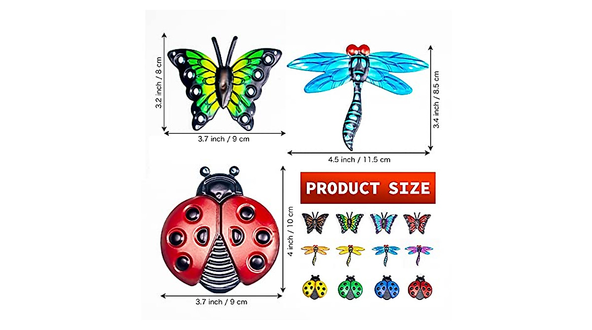 Metal Butterfly, Dragonfly, Ladybug Wall Decor - Set of 12