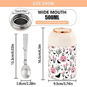JUNZAN Pink Pumpkin Halloween Kids Womens Insulated Food Jar with Spoon 17oz/500ml Hot Lunch Container Stainless Steel Vacuum Leak Proof Thermo Flask for Insulated Hot Food