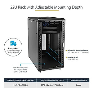 StarTech.com 22U Server Rack Cabinet with secure locking door - 4 Post Adjustable Depth (5.5" to 28.7") - 1768 lb capacity - 19 inch Portable Network Equipment Enclosure on wheels/casters (RK2236BKF)