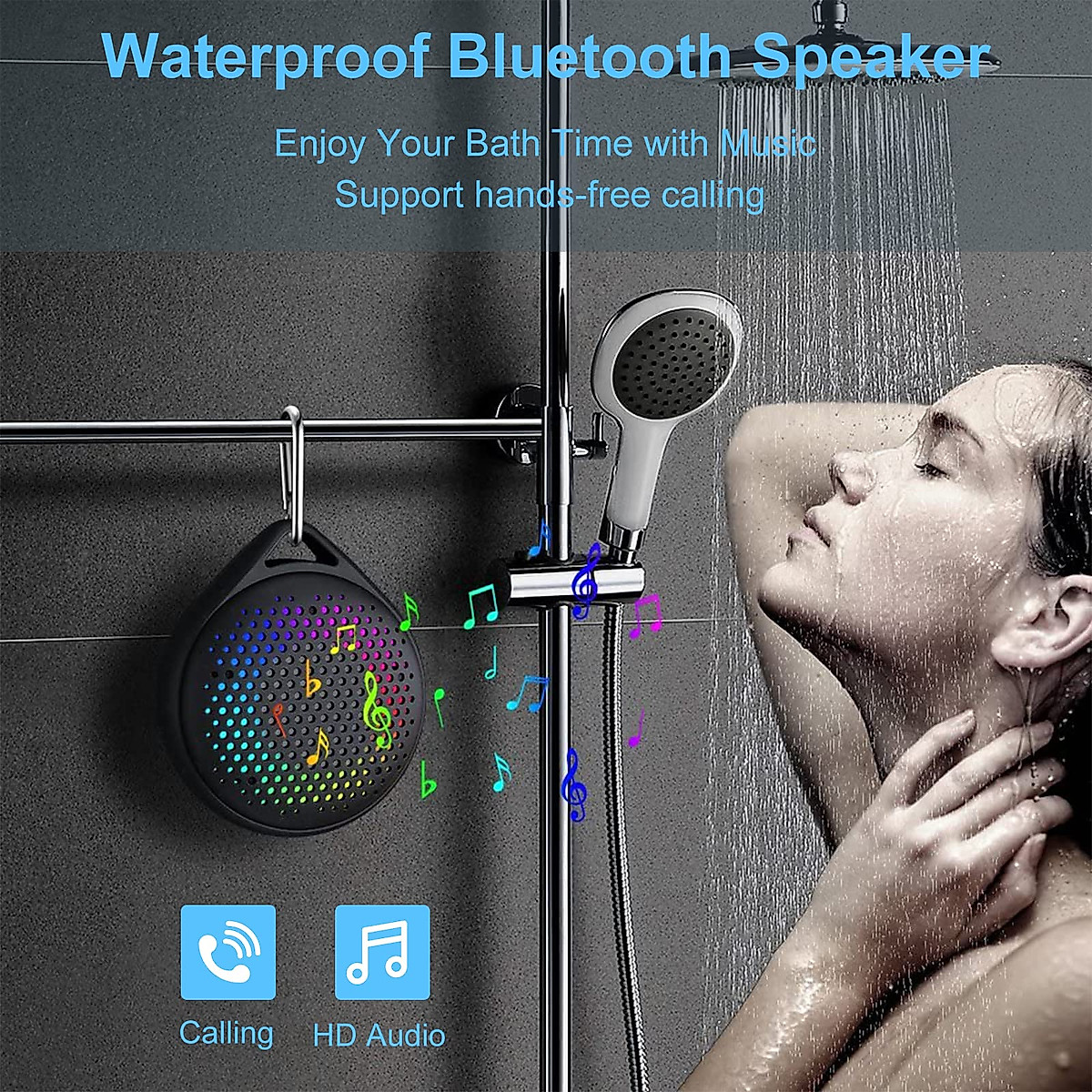 AVWOO Bluetooth Shower Speaker, IP67 Waterproof Speaker with RGB Light, Portable Bluetooth Speaker with Hi-Fi Sound and Built-in Mic, Support TF Card, Wireless Speaker for Home Outdoor Travel