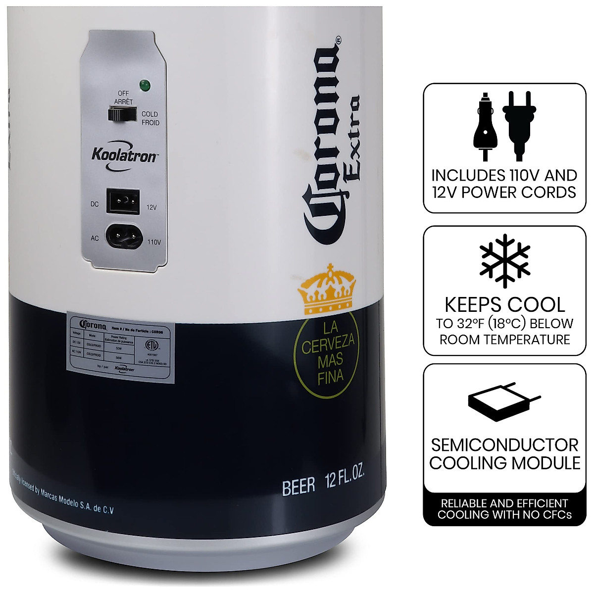 Koolatron Corona 12 Can Portable Mini Fridge w/ 12V DC and 110V AC Cords, 10L (10.6 qt) Beer-Can Shaped Personal Cooler, White, Travel Fridge for Drinks, Snacks, Lunch, Home, Office, Dorm Room, RV