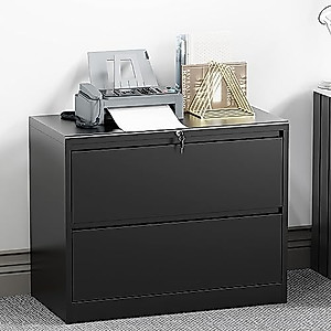 Hak 2 Drawer Lateral File Cabinet with Lock, Black Metal Filing Cabinet for Home Office, Locking Office File Cabinet for Hanging Files Letter/Legal/F4/A4 Size
