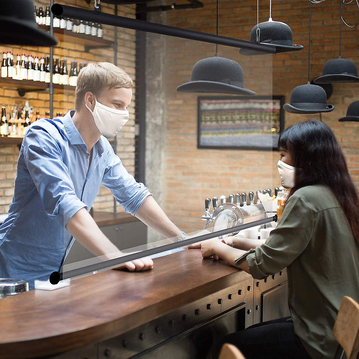 BannerBuzz Hanging Clamp Bar Sneeze Guard with Clear Tarp Film Protective Shield for Office, Cafes, Retail Stores, Cashier, Receptionist (3' x 5')