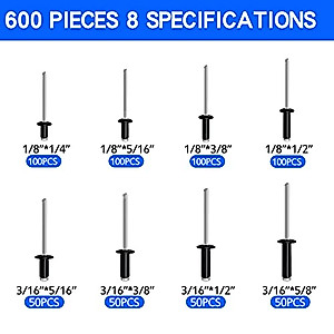 600PCS Black Pop Rivets, 8 Sizes of Aluminum Blind Rivets Assortment Kit（1/8" x 1/4", 5/16", 3/8", 1/2"; 3/16" x 5/16", 3/8", 1/2", 5/8"）