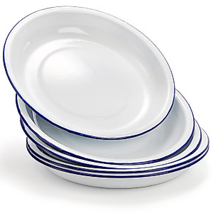 Dicunoy Pack of 5 Enamel Plates, 9.5" Unbreakable Enamelware Dinner Serving Platter Trays, Retro White Round Shallow Bowls with Blue Rim for Pasta, Salad, Camping, Outdoor, Picnic, BBQ