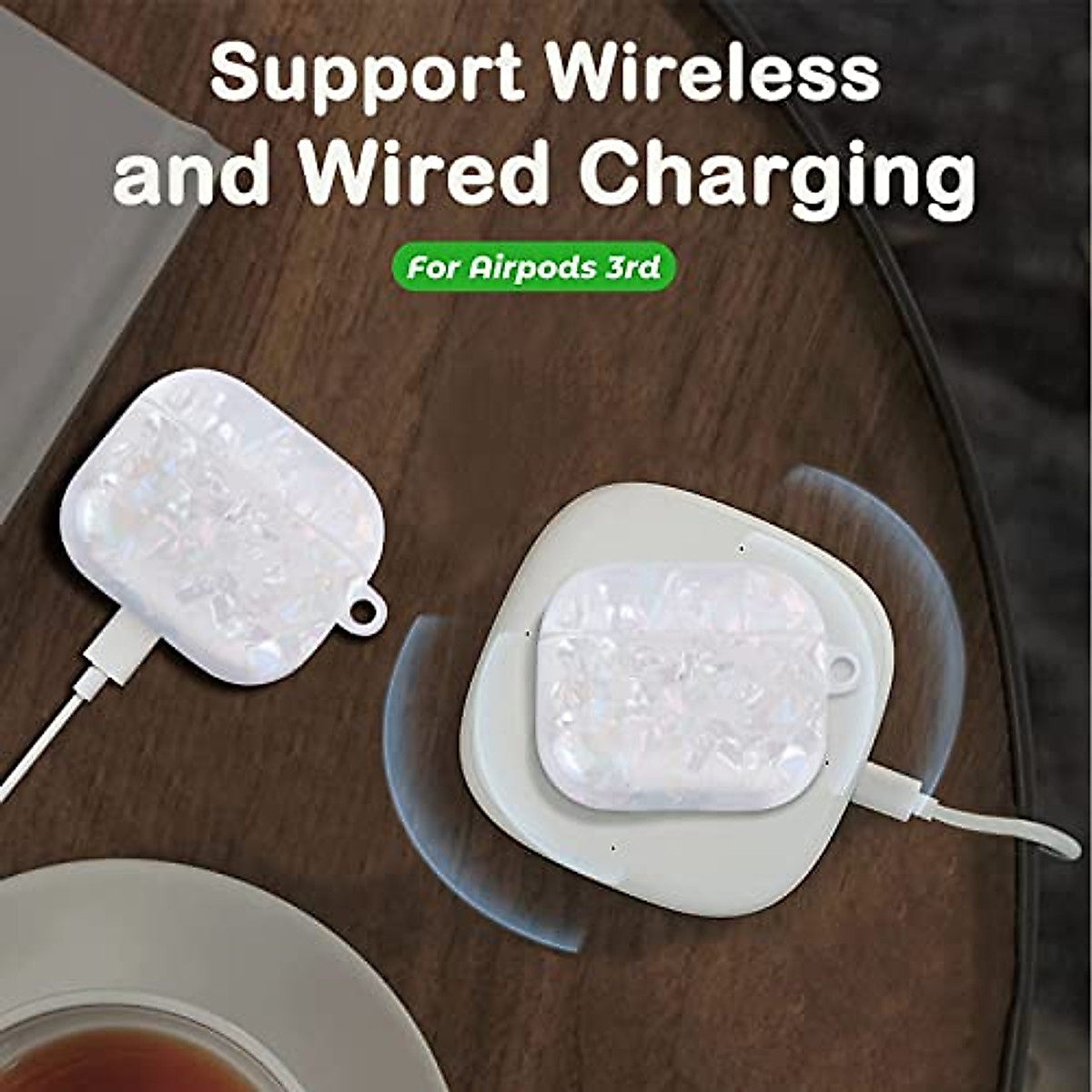 Glitter Shell Design for AirPods 3 (2021)with Pearl Wrist Chain Keychain,Colorful Sparkle Bling Pretty Cute Protective Skin Cover for Airpods 3rd Generation for Women Girls Soft TPU Shock Proof-White