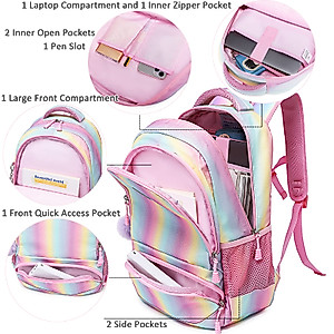Girls Backpack Rainbow Glitter Kids School Bookbag 3 in 1 Set School Bag with Lunch Bag Pencil Case