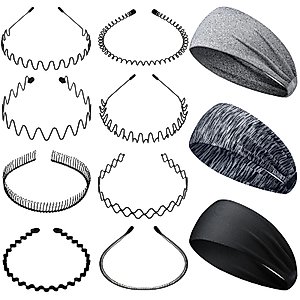 11 Pieces Metal Headband and Sports Headbands, Elastic Headbands Spring Wave Non Slip Hairband Unisex Hair Accessories for Men and Women Running Jogging Yoga Workout Supplies