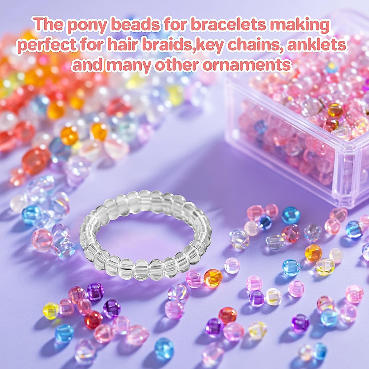 Sukh 1000+ Pcs Clear Pony Beads - Plastic Bracelet Beads 6x9mm Crystal White Pony Beads for Bracelets Making Hair Beads for Braids DIY Crafts Key Chai Jewelry Making Home Decor Pony Beads Bulk