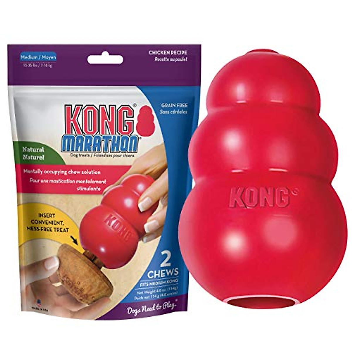 KONG - Classic Durable Dog Toy and Marathon Chew Treat Combo (2 Pieces) - Chicken, Medium