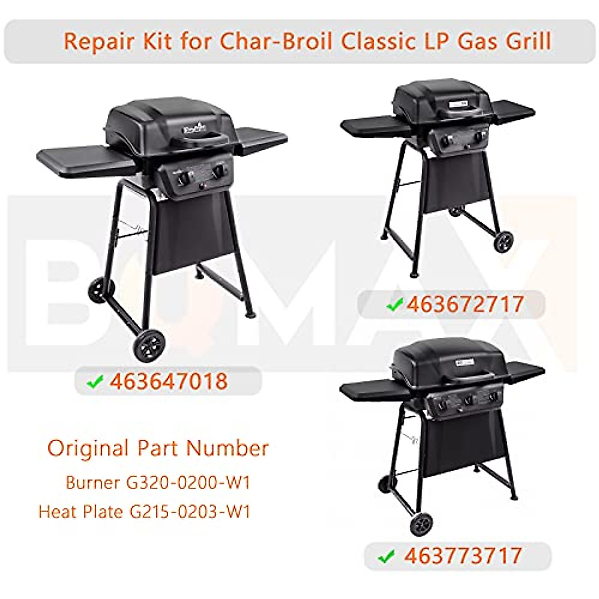 BQMAX Stainless Steel Repair Kit for Charbroil Classic 280 2-Burner, 360 3-Burner Liquid Propane, G320-0200-W1, G215-0203-W, Gas Grill Burner, Heat Plates Shield Tent and Crossover Tube (3-Pack)