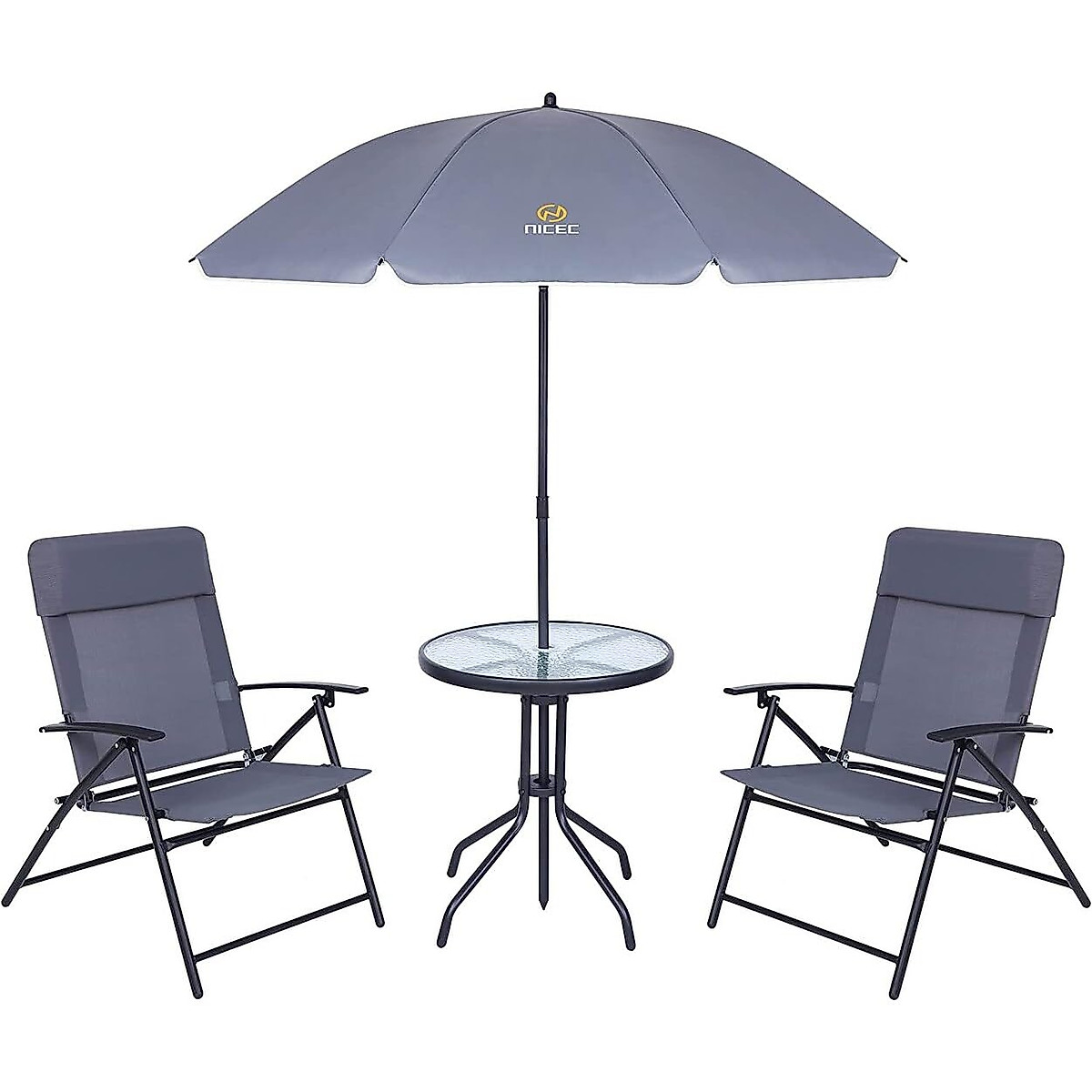 4-Piece Bistro Set Patio Dining Garden Outdoor Table with Tilted Removable Umbrella Glass and 2 Folding Chairs Grey Metal