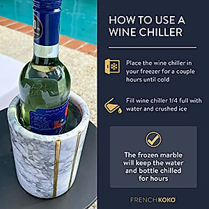 French KOKO Marble Stone Single Wine Chiller Bucket Champagne Chiller Bucket Gold Accent Marble Utensil Holder Wine Cooler Beverage Bottle Holder Bar Cart Accessories Gift Kitchen Decor Chillers White