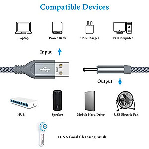 6.6FT 5V USB to DC 3.5mm x 1.35mm Plug Charging Cable Replacement Charger Cord for Foreo Luna/Luna2/Luna3/Luna Mini/Luna Mini 2/FOREO ISSA Series E-Toothbrush,USB Hub,Mini Speaker,USB Fan,Table Lamp