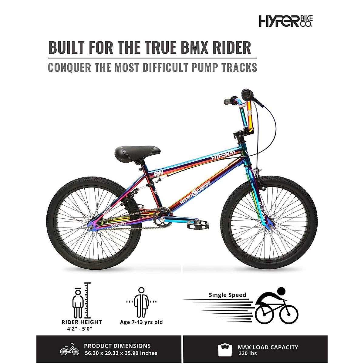 Hyper Nitro Circus RWilly BMX Bike 20 Inch for Kids or Adults, Single Speed, Front and Rear Sprockets, Steel BMX Frame. 360 Handlebar Rotation. Bike Park Ready BMX Bicycle. Jet Fuel Finish